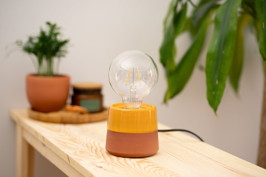 Yellow Ceramic Table Lamp, Pottery Bedside Night Light, Unique Small ...