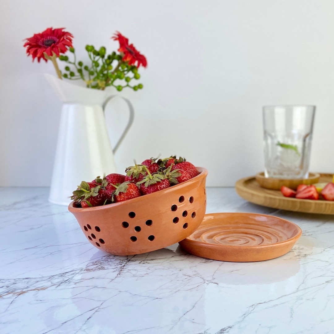 Pottery Berry Bowl With Saucer, Ceramic Fruit Colander, Clay Strawberry ...