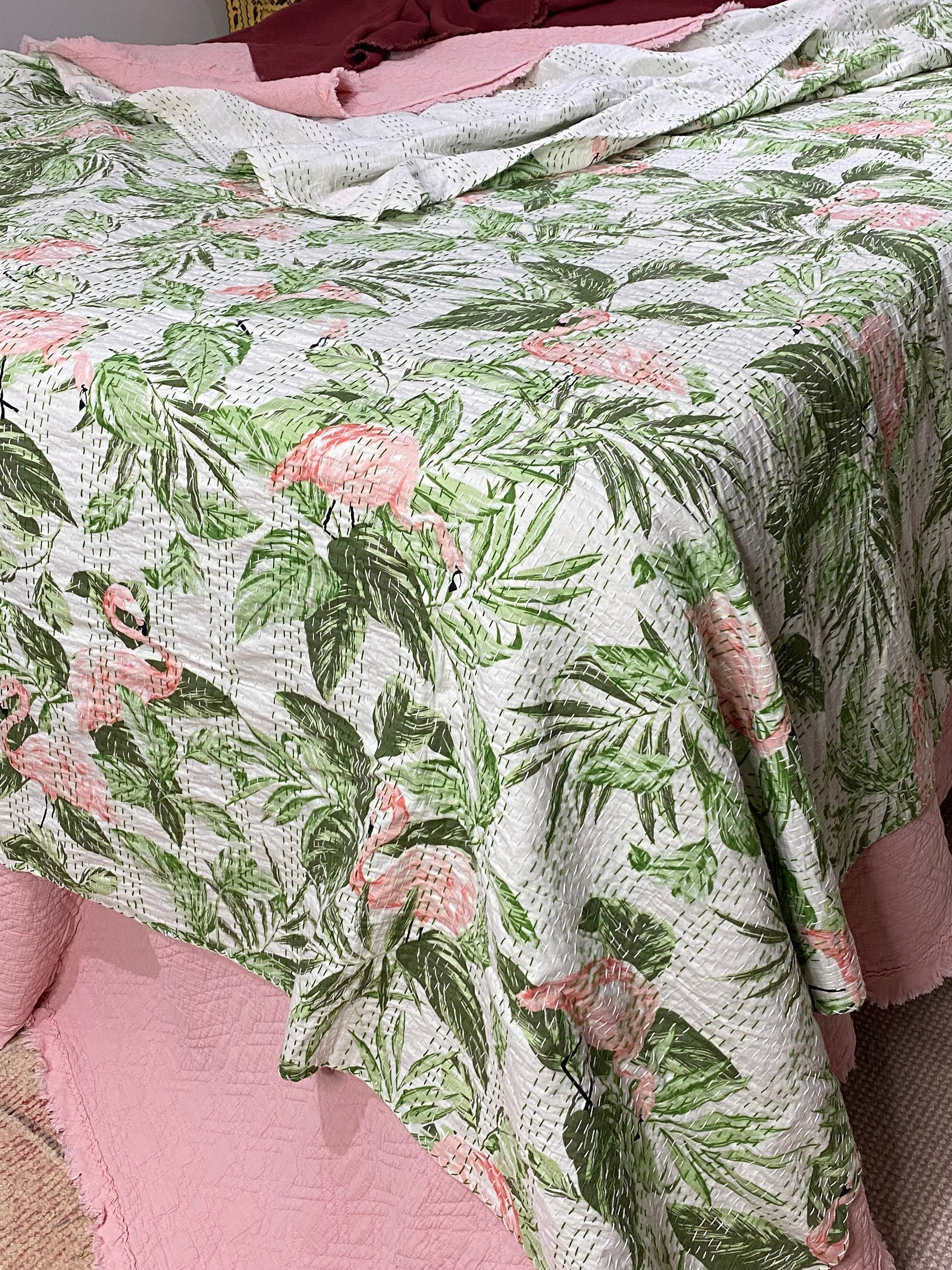 Pink Flamingo Cotton Kantha Quilt Block Printed Ethnic Hand - Etsy