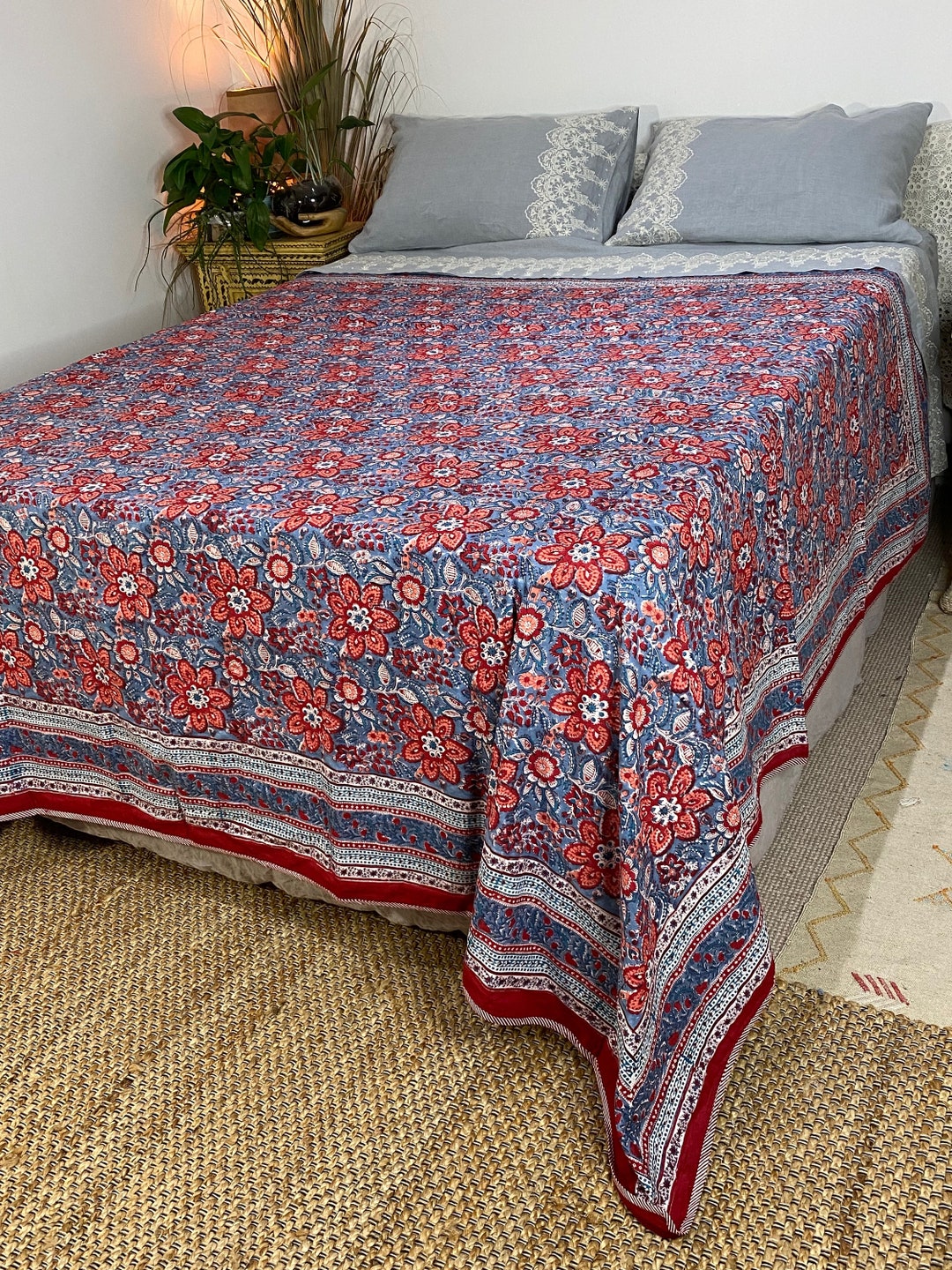 Bed Sheet Cotton Quilted Floral Block Printed Coverlet Queen Size Bed ...