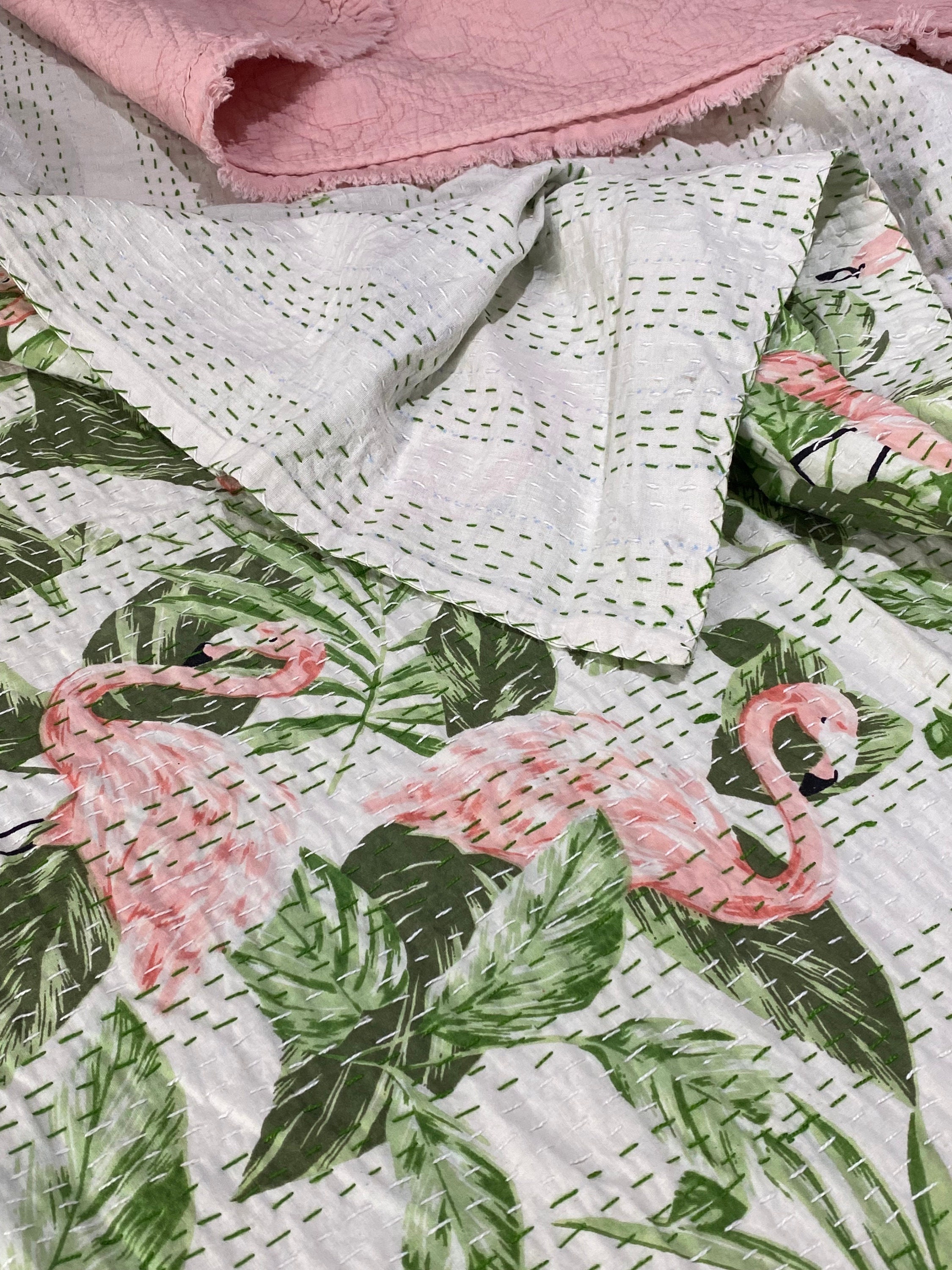 Pink Flamingo Cotton Kantha Quilt Block Printed Ethnic Hand - Etsy