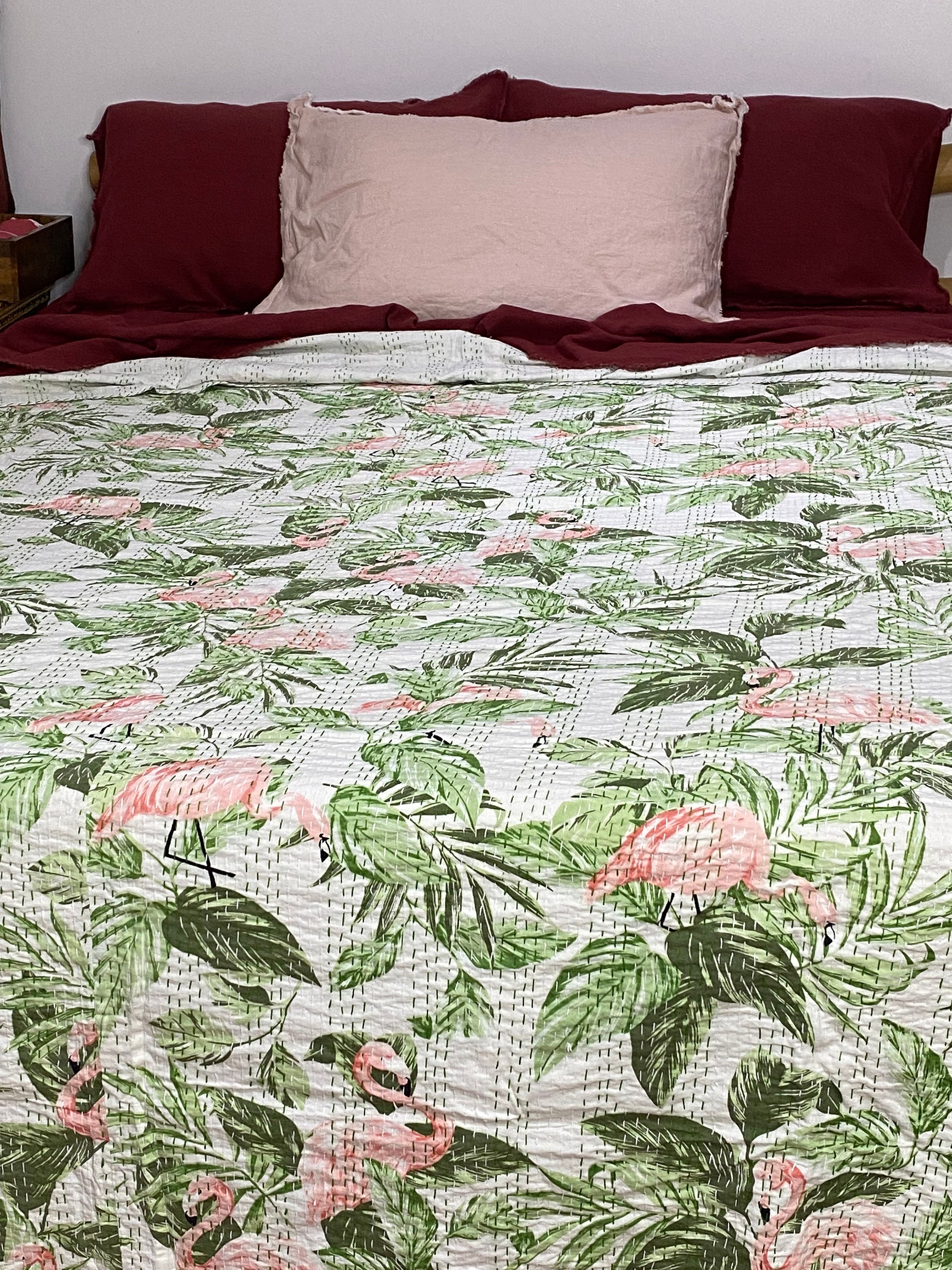 Pink Flamingo Cotton Kantha Quilt Block Printed Ethnic Hand - Etsy