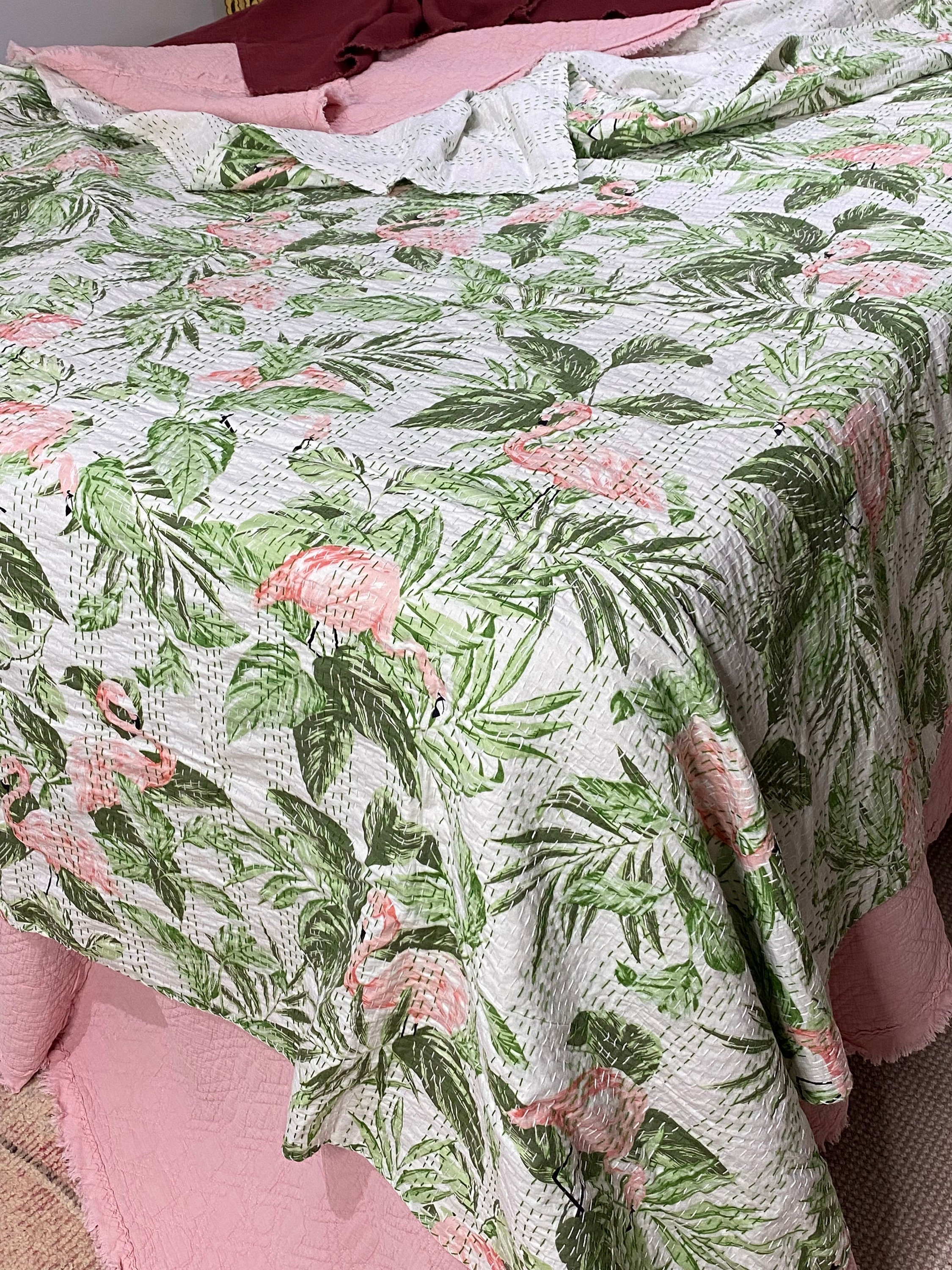 Pink Flamingo Cotton Kantha Quilt Block Printed Ethnic Hand - Etsy