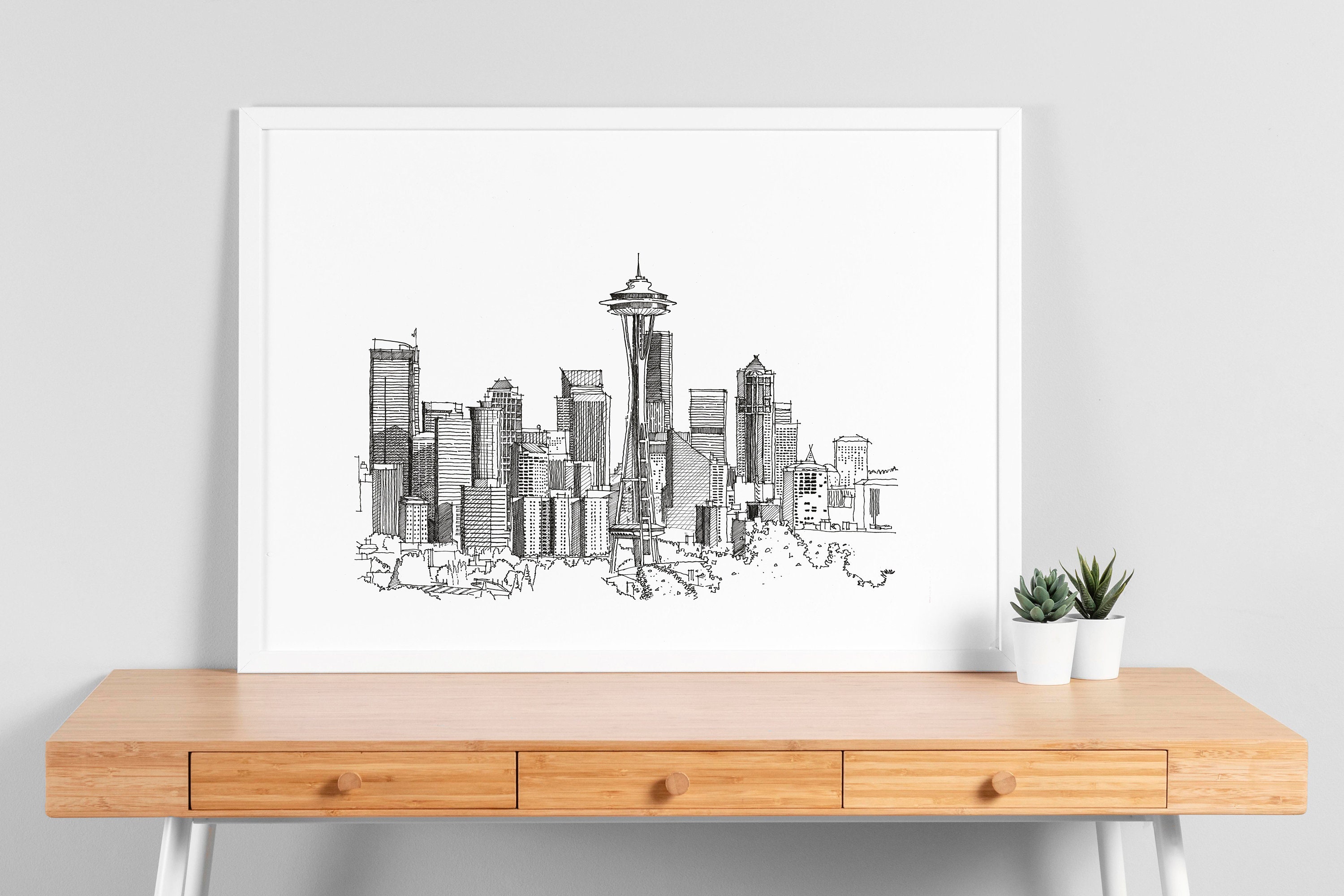 Seattle Skyline, Space Needle, America, World Architecture, Hand Drawn ...