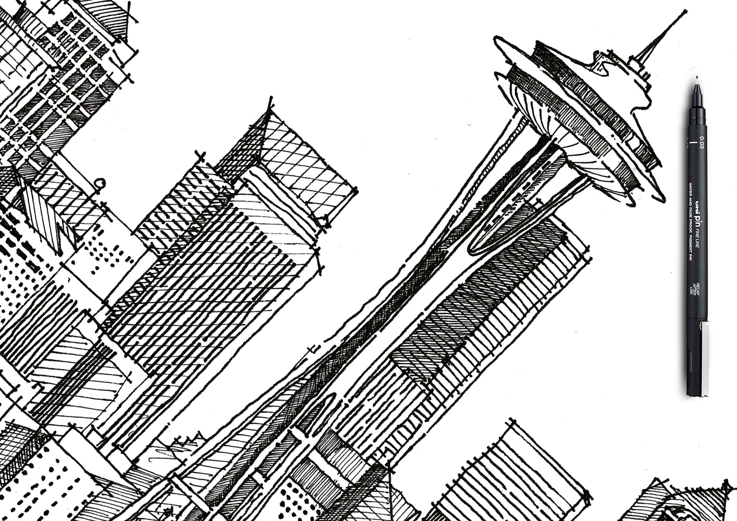 Seattle Skyline, Space Needle, America, World Architecture, Hand Drawn ...