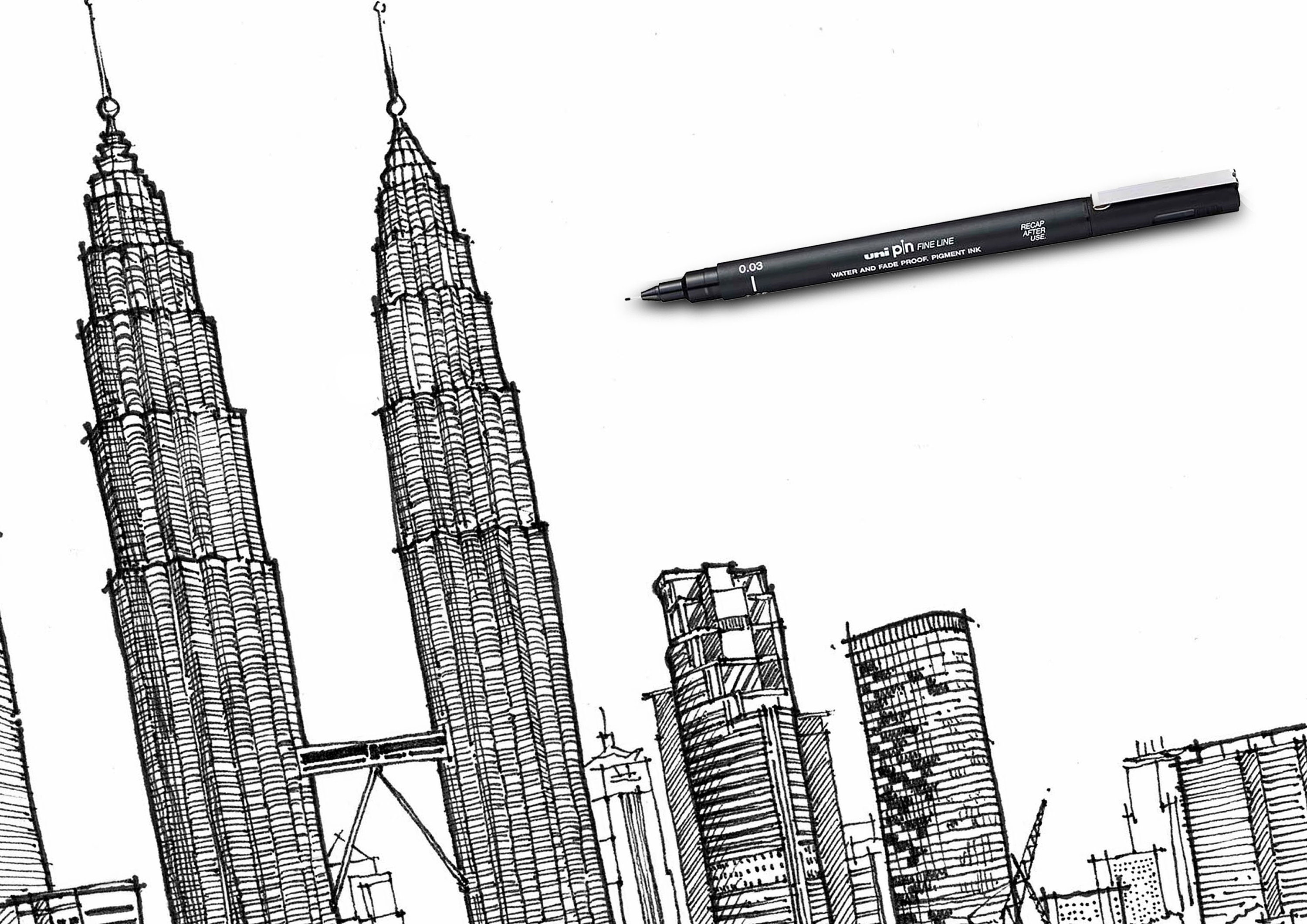 Kuala Lumpur Skyline Sketch, Petronas Towers Drawing, Architectural ...