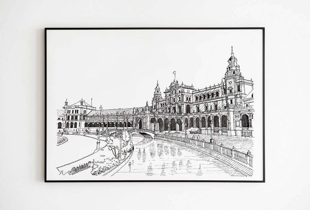 Seville Palace, Spain, Europe, Hand Drawn Architecture, Black and White ...