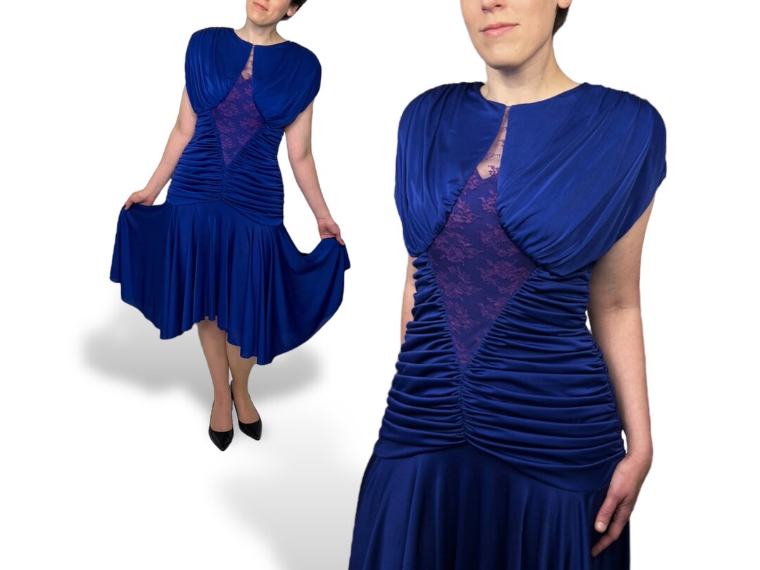 Blueberry Bombshell 80s Vintage Drop Waist Blue Stretch Satin Formal ...