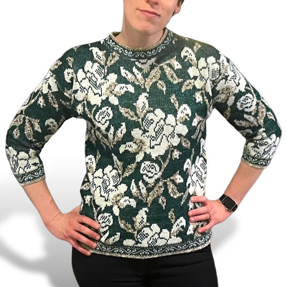 90s Vintage Metallic Green & Gold Floral Pullover Swe… - Gem