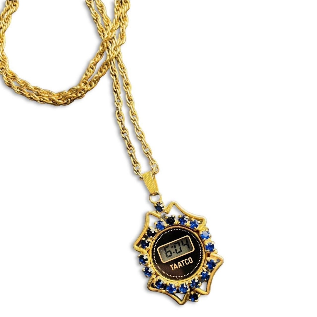 80s 90s Vintage Blue Rhinestone Border Digital Watch Necklace Gold Tone ...