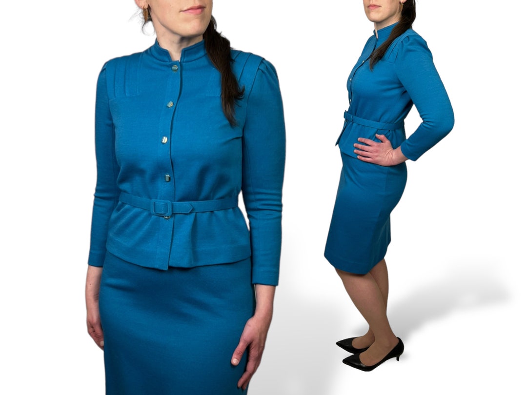 Cerulean Blue Skirt Suit Set With Belt • 1970s Vintage • Leslie Fay - Etsy