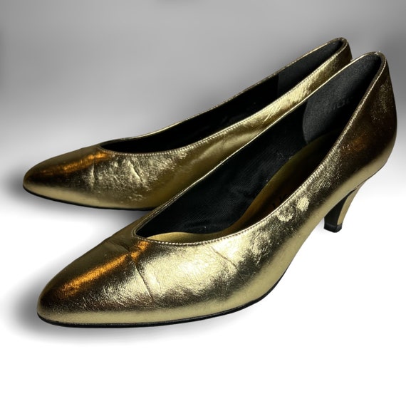 Metallic Gold Tone Pointed Toe Pumps • 1980s / 1990s … - Gem