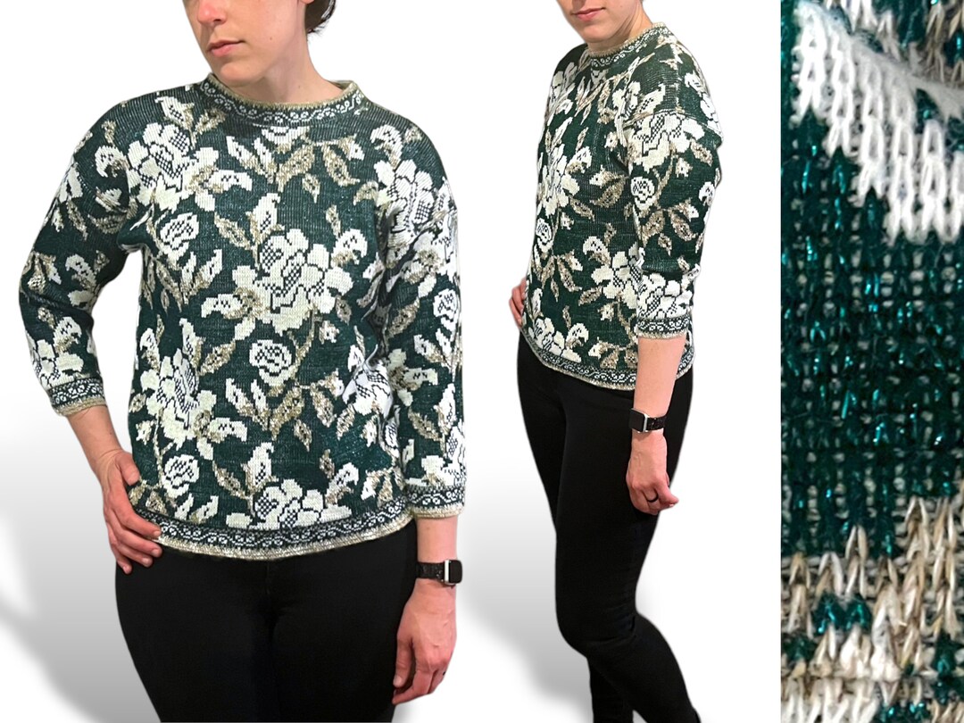 90s Vintage Metallic Green & Gold Floral Pullover Sweater Small Coastal ...