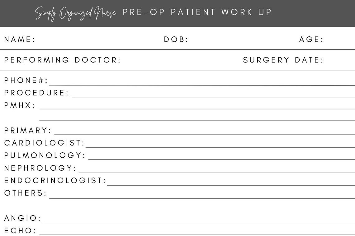 Pre-op Patient Work up Sheet - Etsy