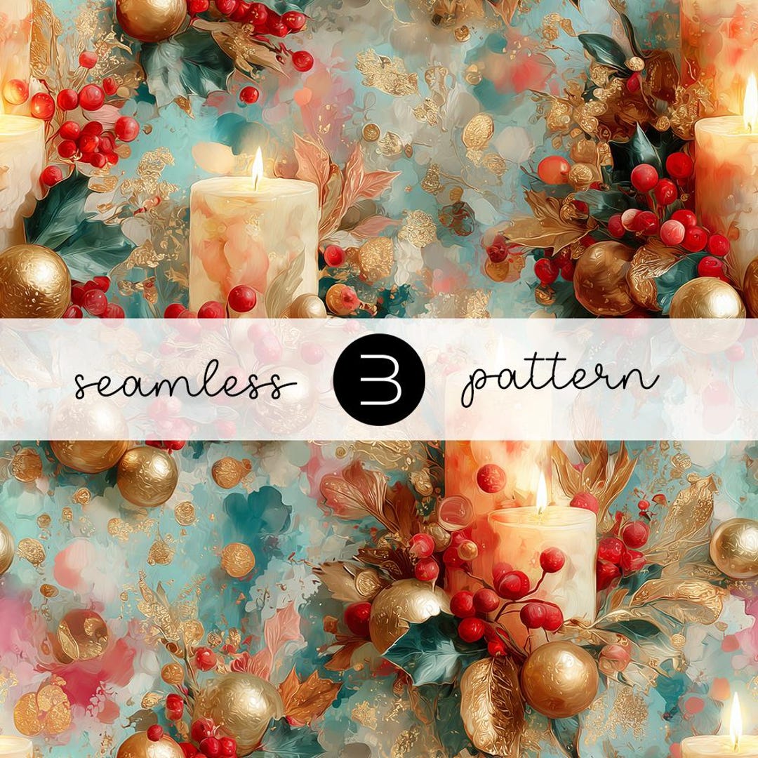 Elegant Christmas Candle Pattern - Seamless Gold Ornament and Red Berry ...