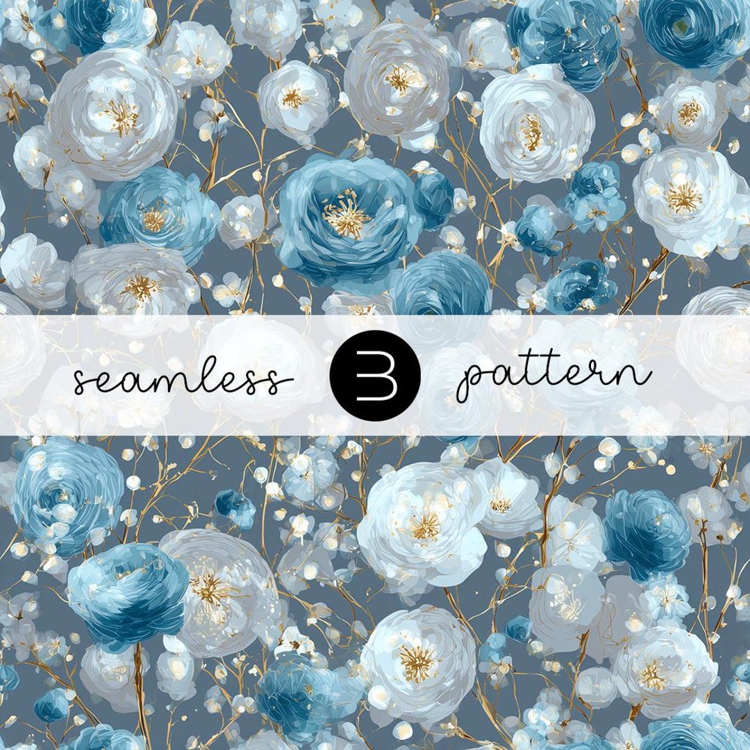 Blue Ranunculus Floral Pattern: Navy & White Seamless Design (JPG ...