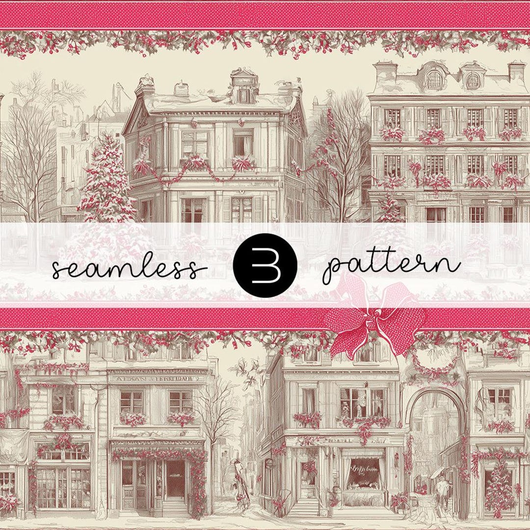 Vintage Christmas City Toile Pattern - Seamless Red Ribbon and Winter ...