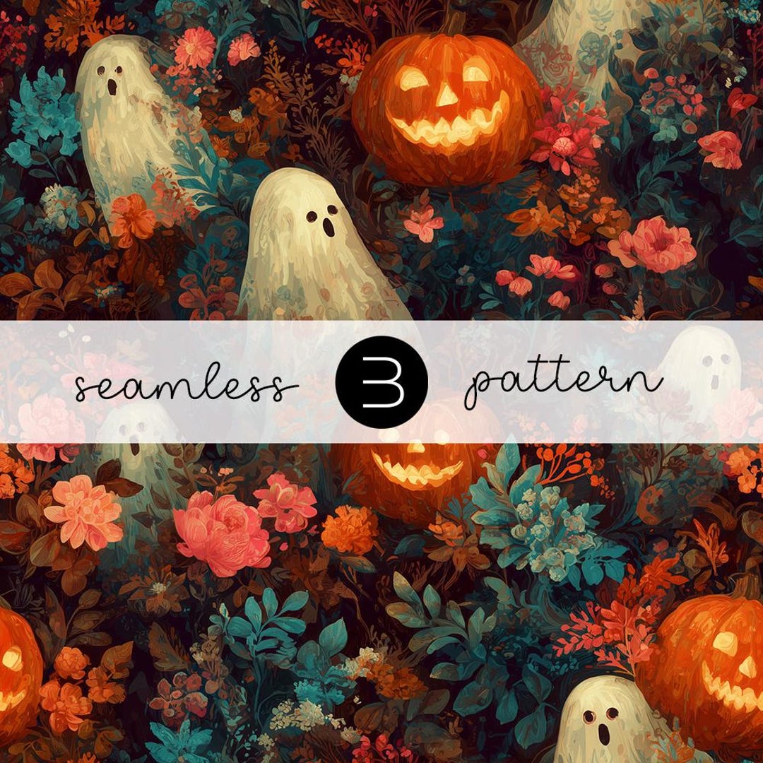 Halloween Ghost & Pumpkin Floral Pattern: Seamless Spooky Garden (JPG ...
