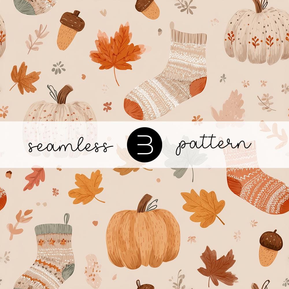 Autumn Cozy Icons Seamless Pattern - Fall Pumpkins, Leaves & Socks ...