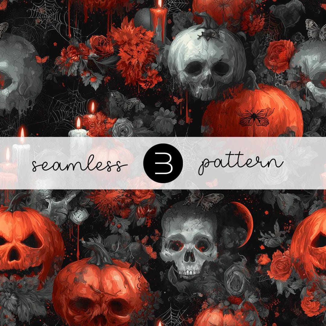 Vintage Halloween Pattern - Seamless Gothic Pumpkins & Skulls, Dark ...