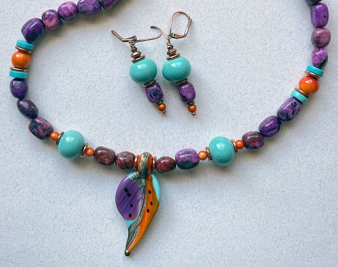 Handcrafted Leaf Pendant Necklace Set: Artisan-made Leaf, Purple Agate ...