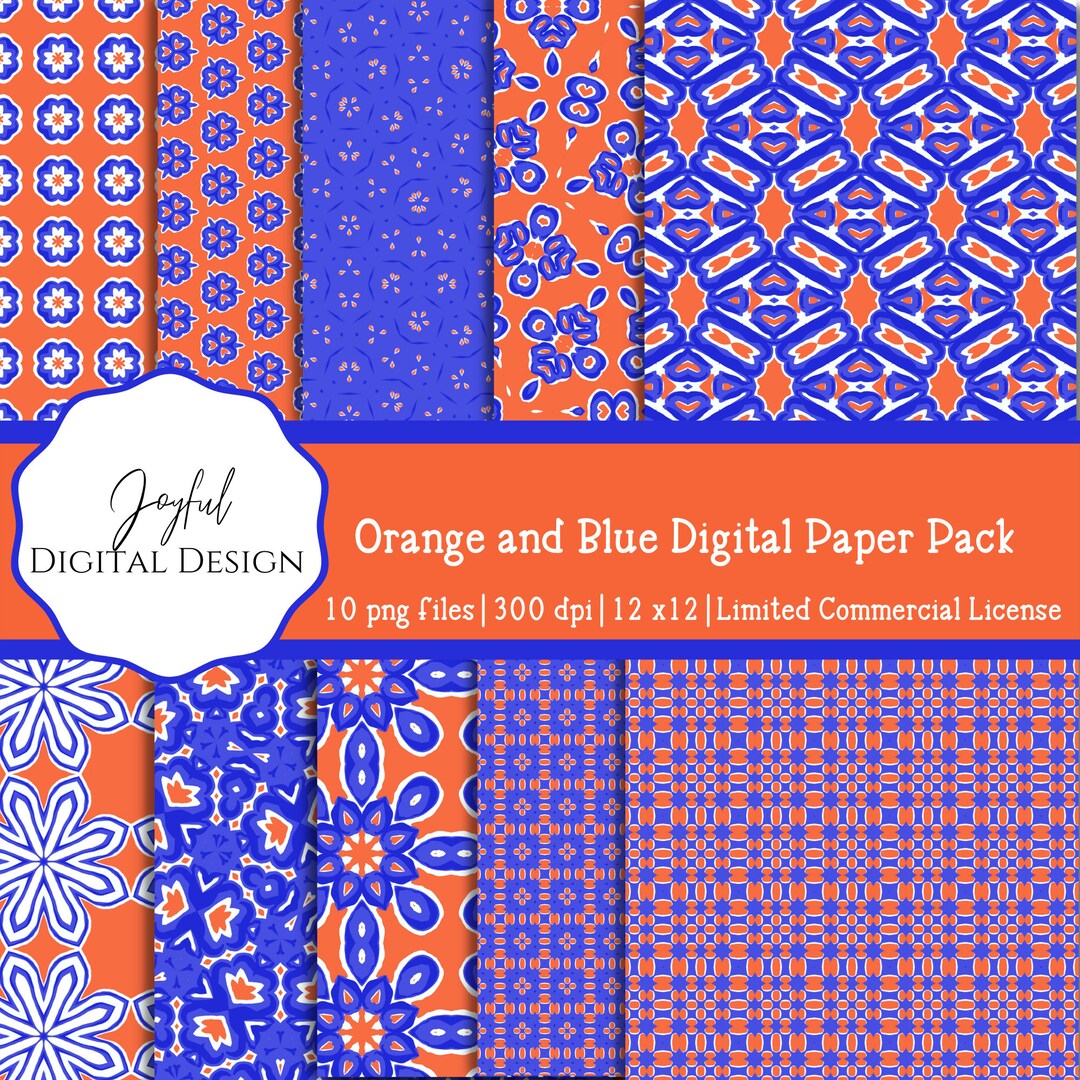 Orange and Blue Digital Paper Pack, Geometric Patterns, Abstract ...