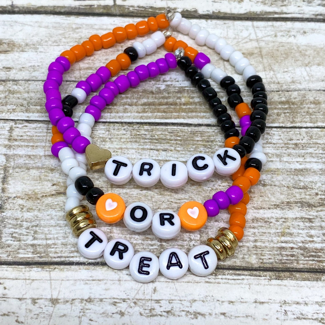 Trick or Treat Letter Bracelets, Halloween Stack Bracelets, Orange and ...