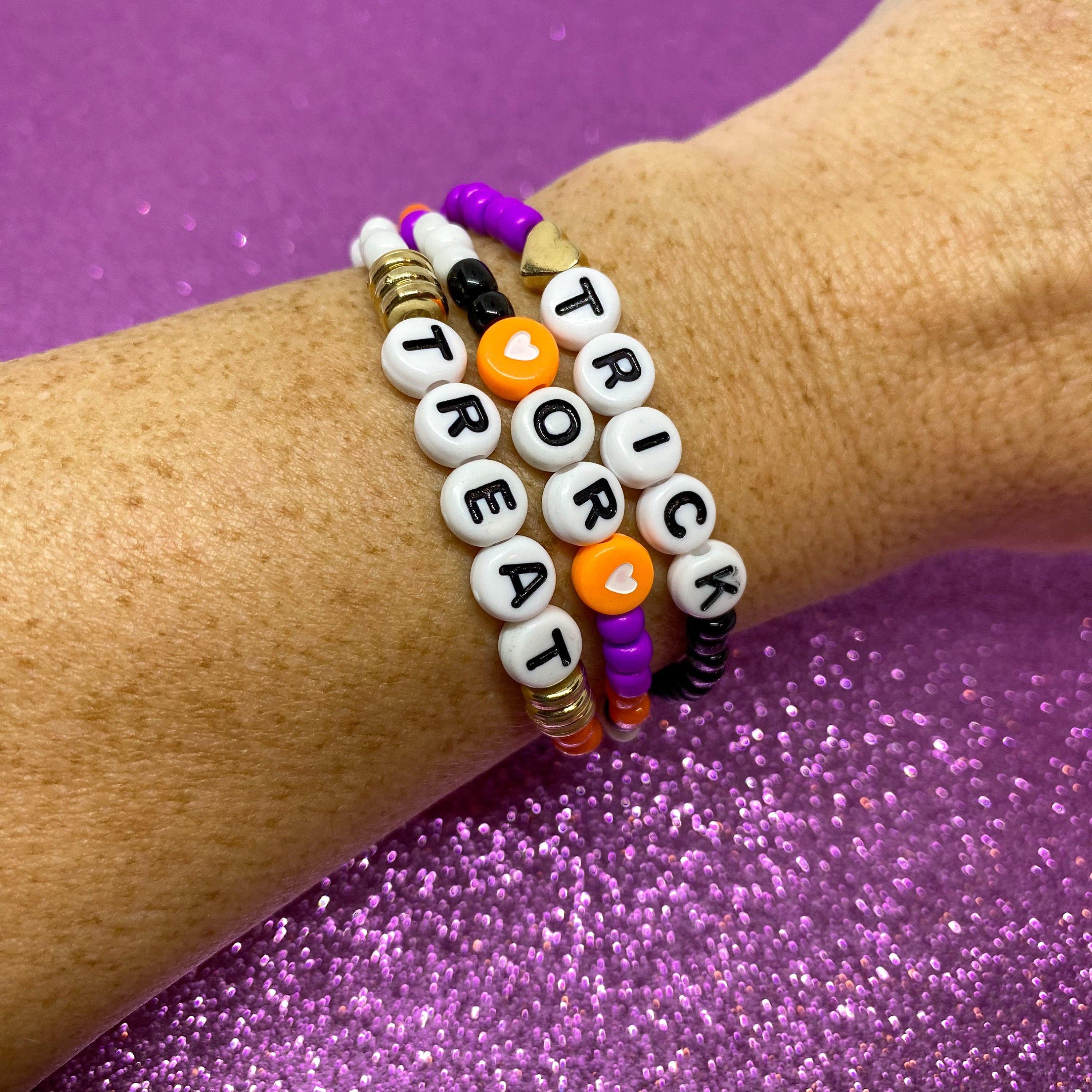 Trick or Treat Letter Bracelets, Halloween Stack Bracelets, Orange and ...