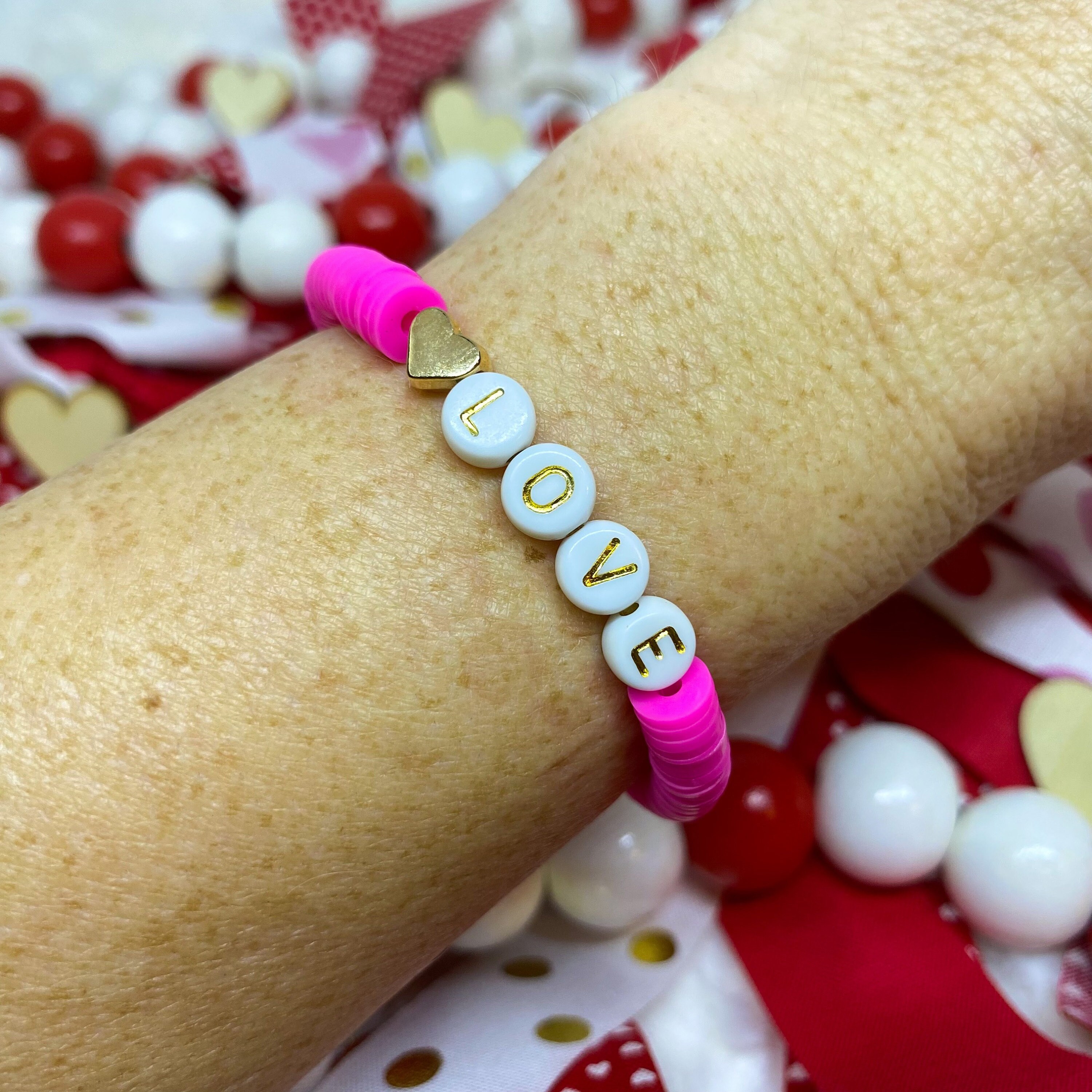 Valentines Day Heishi Bracelet, Letter Bracelet for Women, Pink Love ...