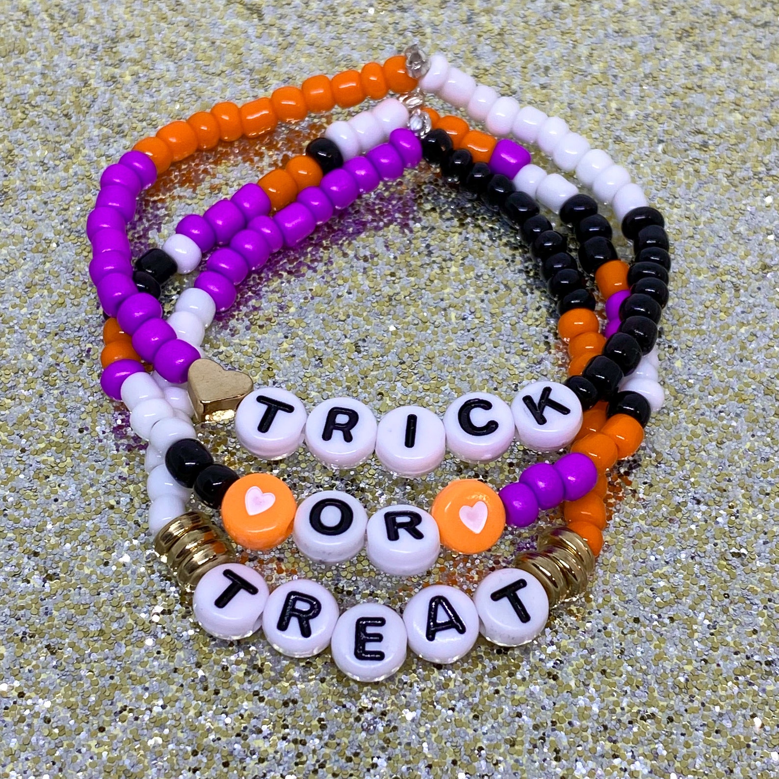 Trick or Treat Letter Bracelets, Halloween Stack Bracelets, Orange and ...