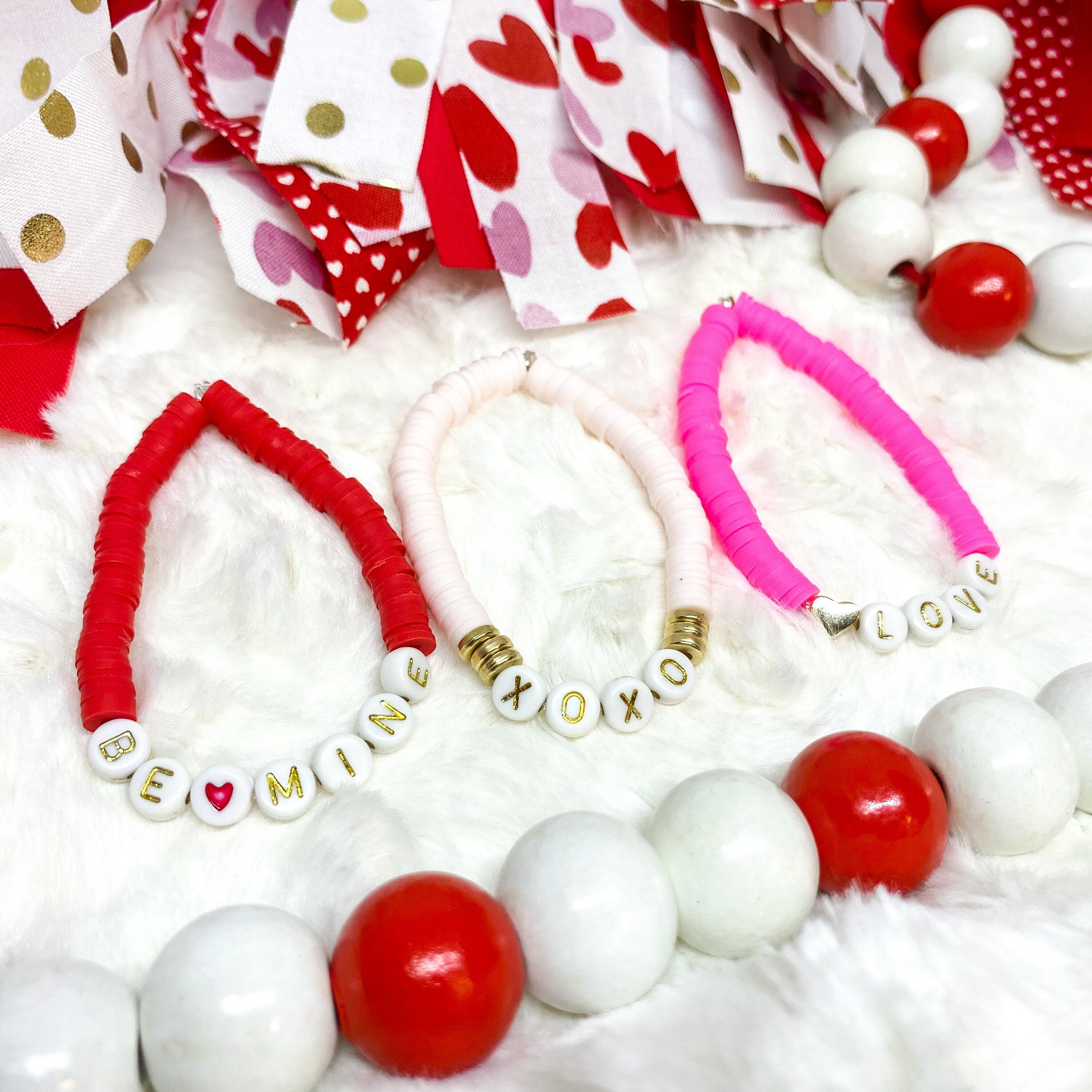 Valentines Day Heishi Bracelet, Letter Bracelet for Women, Pink Love ...