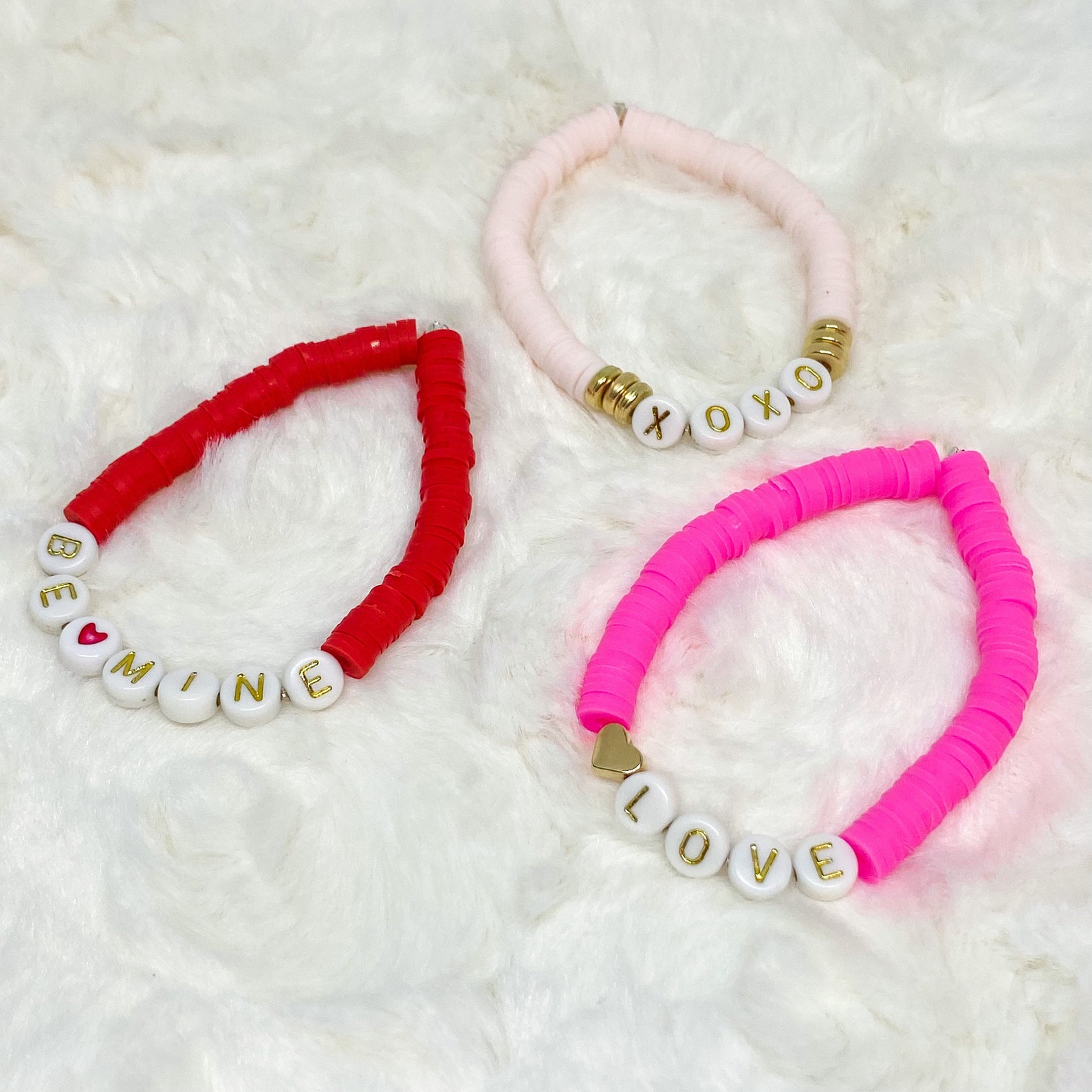 Valentines Day Heishi Bracelet, Letter Bracelet for Women, Pink Love ...