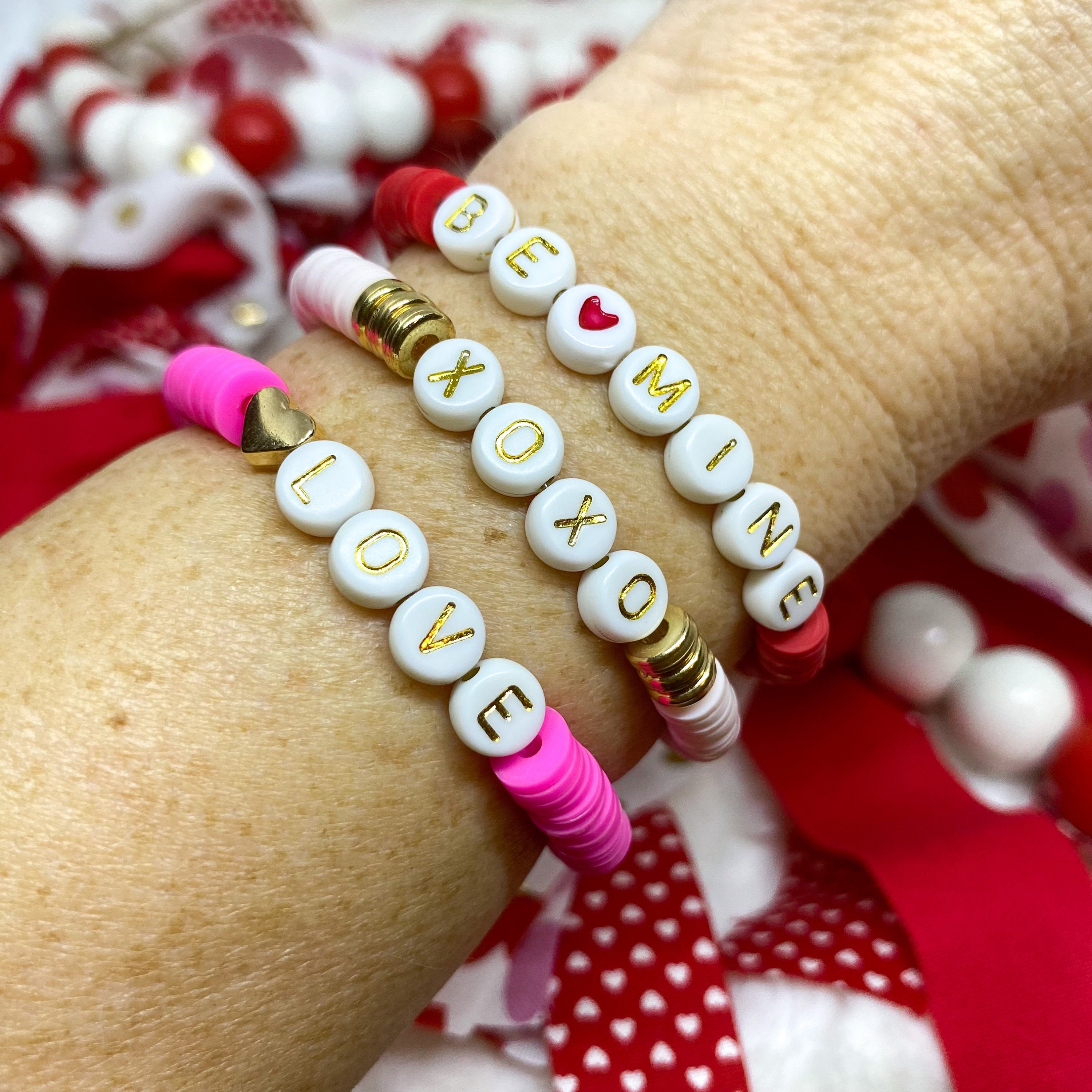 Valentines Day Heishi Bracelet, Letter Bracelet for Women, Pink Love ...