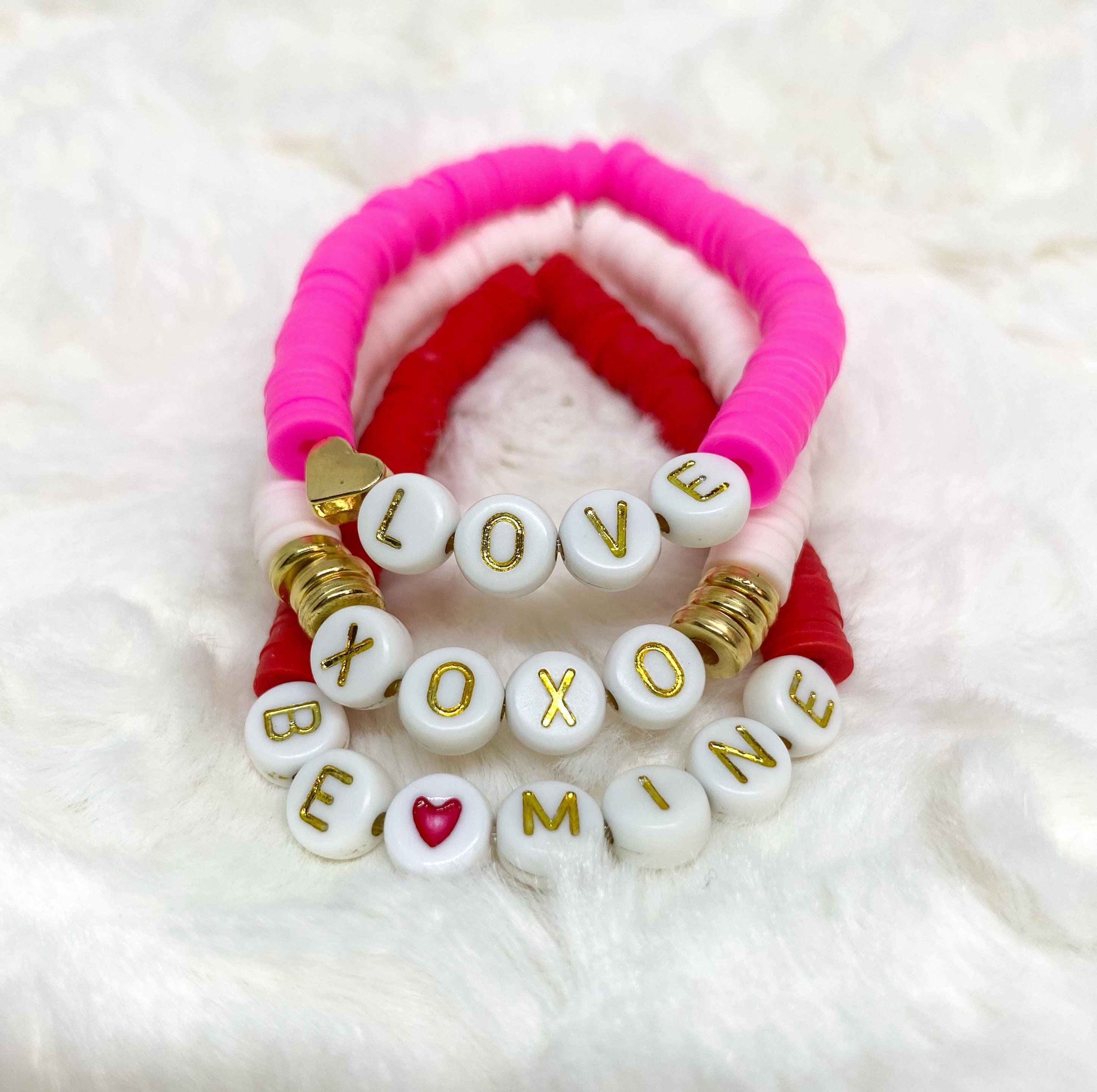 Valentines Day Heishi Bracelet, Letter Bracelet for Women, Pink Love ...