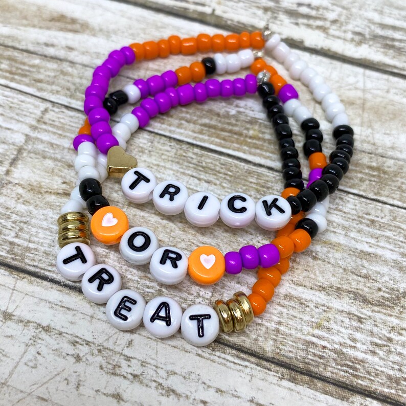 Trick or Treat Letter Bracelets, Halloween Stack Bracelets, Orange and ...