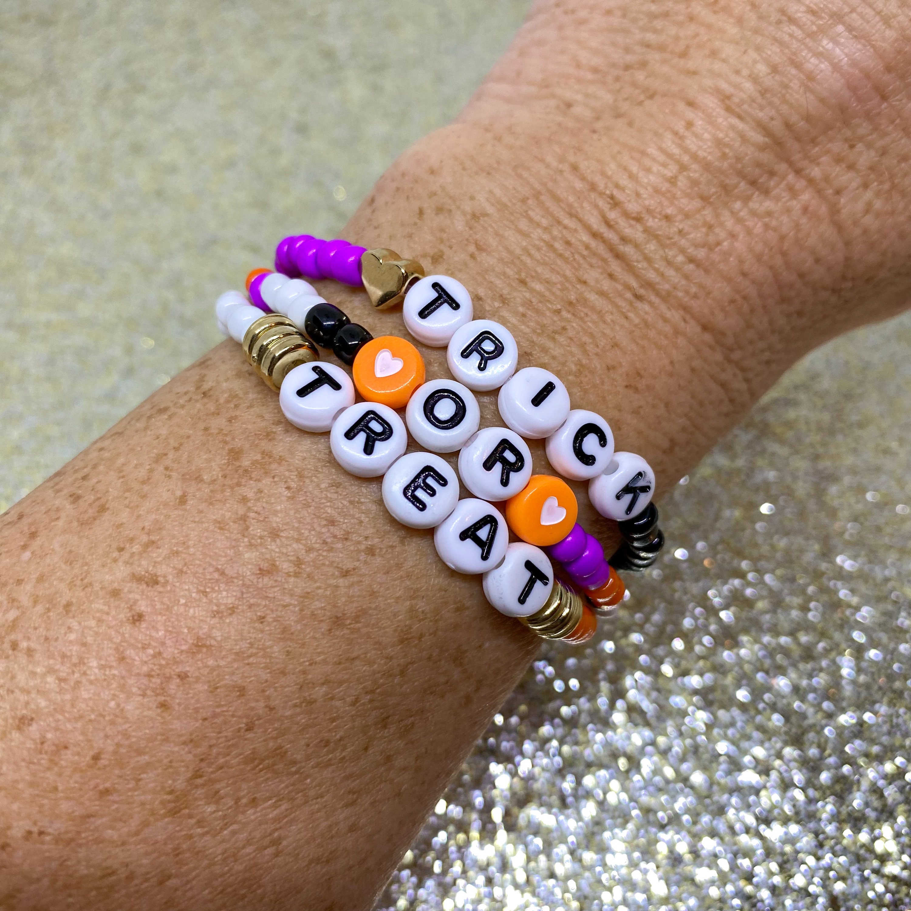 Trick or Treat Letter Bracelets, Halloween Stack Bracelets, Orange and ...