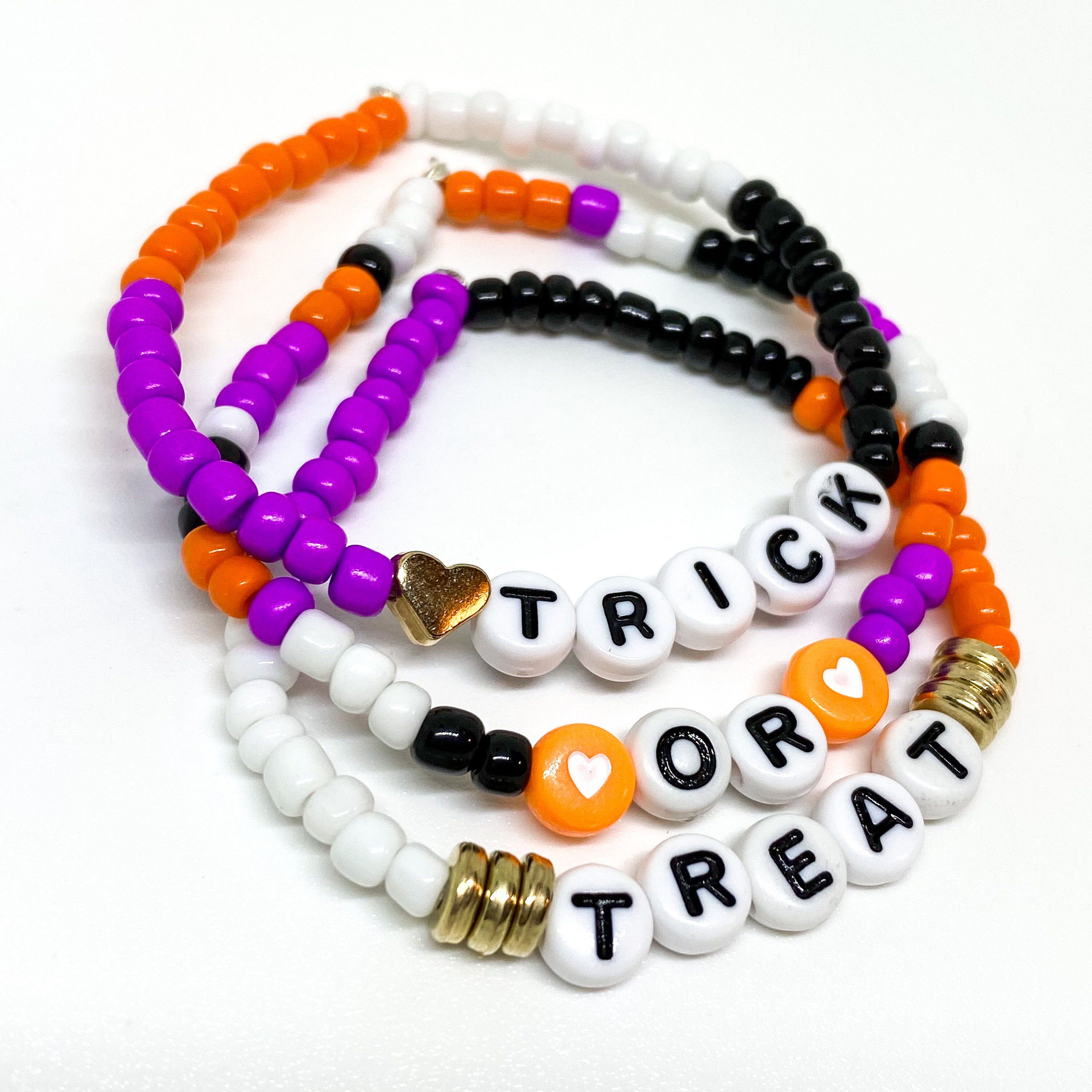 Trick or Treat Letter Bracelets, Halloween Stack Bracelets, Orange and ...