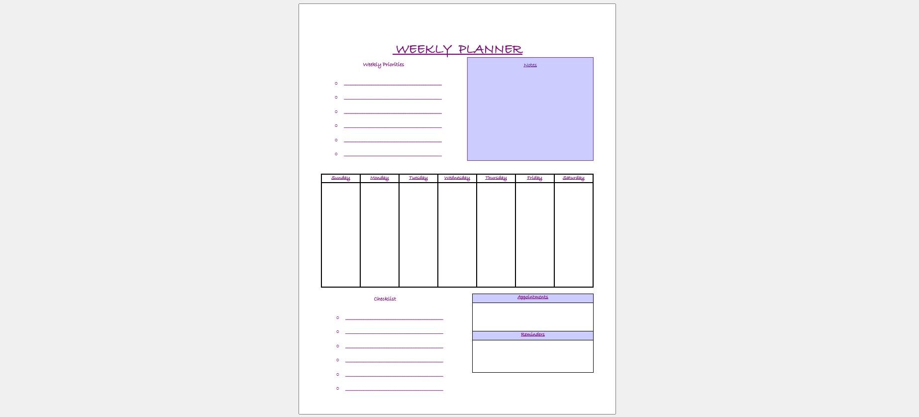 Simple Weekly Planner Printable- Lavendar - Etsy