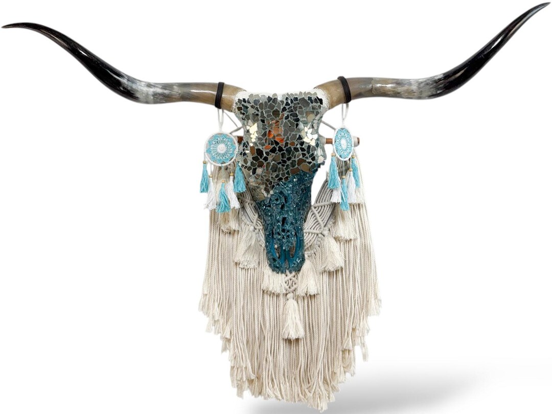 Mirrored Glass Longhorn Skull With Macrame Wall Hanging | Legacy Art ...