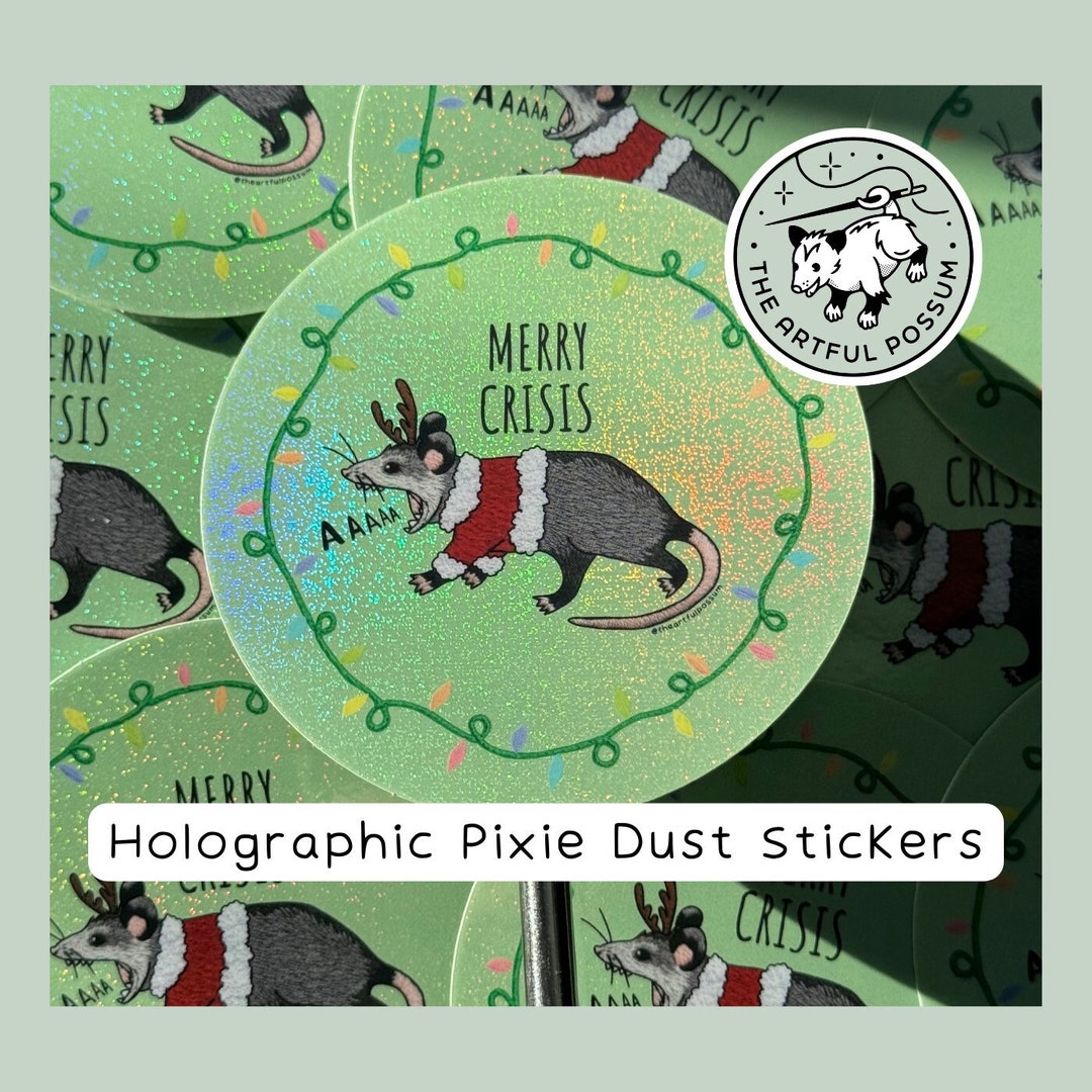 Merry Crisis Festive Opossum Rainbow Glitter Holographic Vinyl Sticker ...