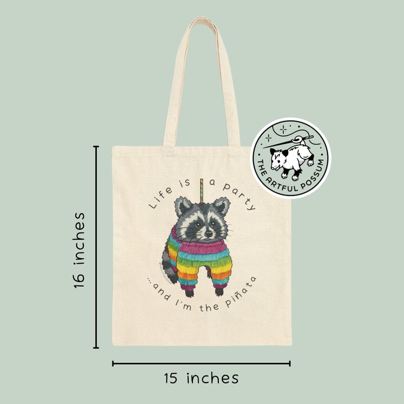 Piñata Raccoon Hand Embroidery PRINT Cotton Canvas Tote Bag Opossum ...