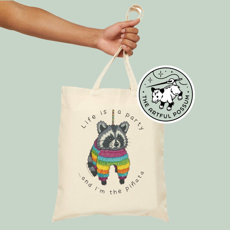 Piñata Raccoon Hand Embroidery PRINT Cotton Canvas Tote Bag Opossum ...