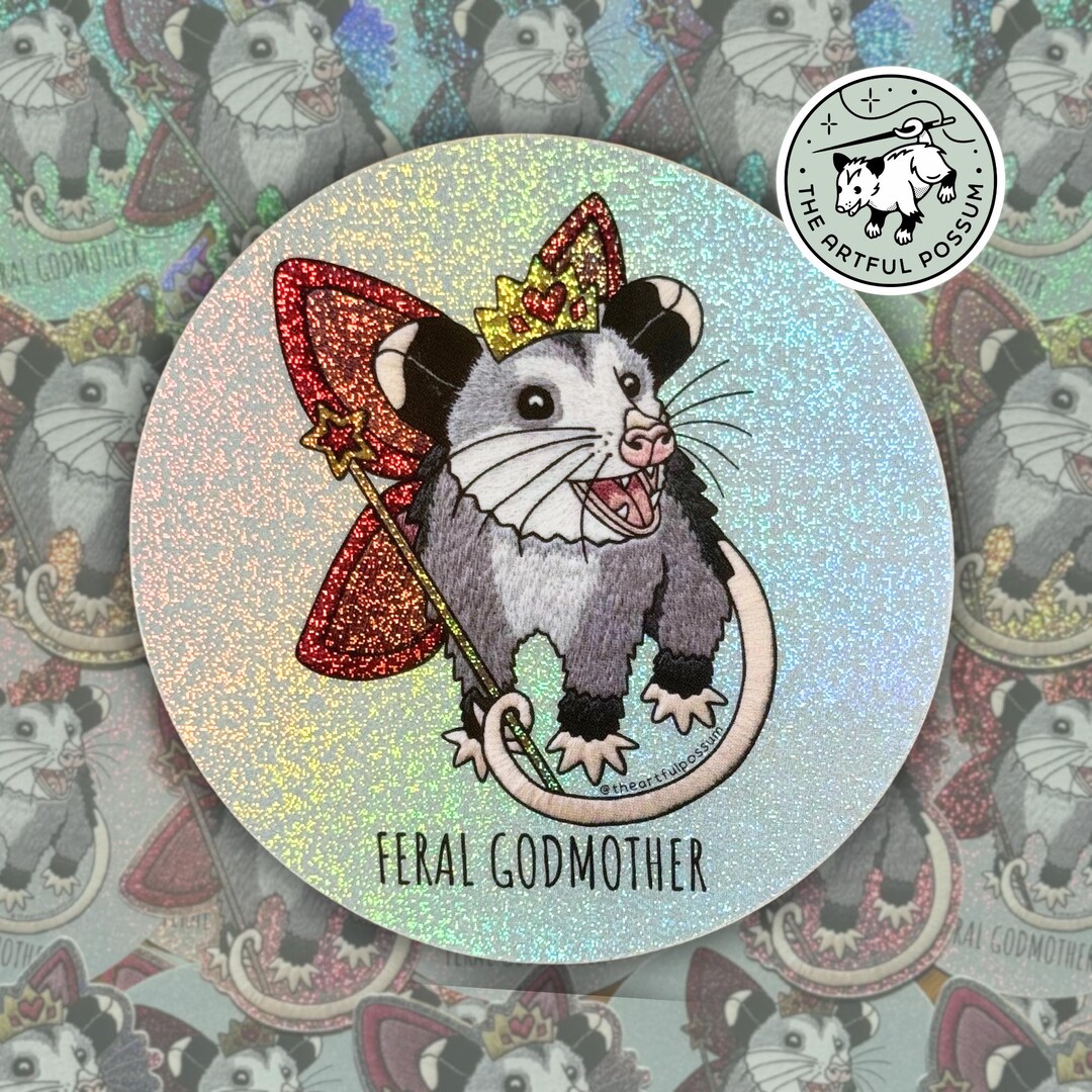 Feral Godmother - Fairy Opossum Sticker, Rainbow Glitter Holographic ...