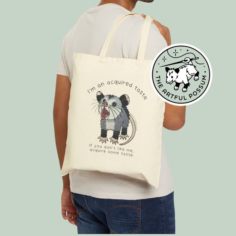Acquired Taste Opossum Hand Embroidery PRINT Cotton Canvas Tote Bag ...