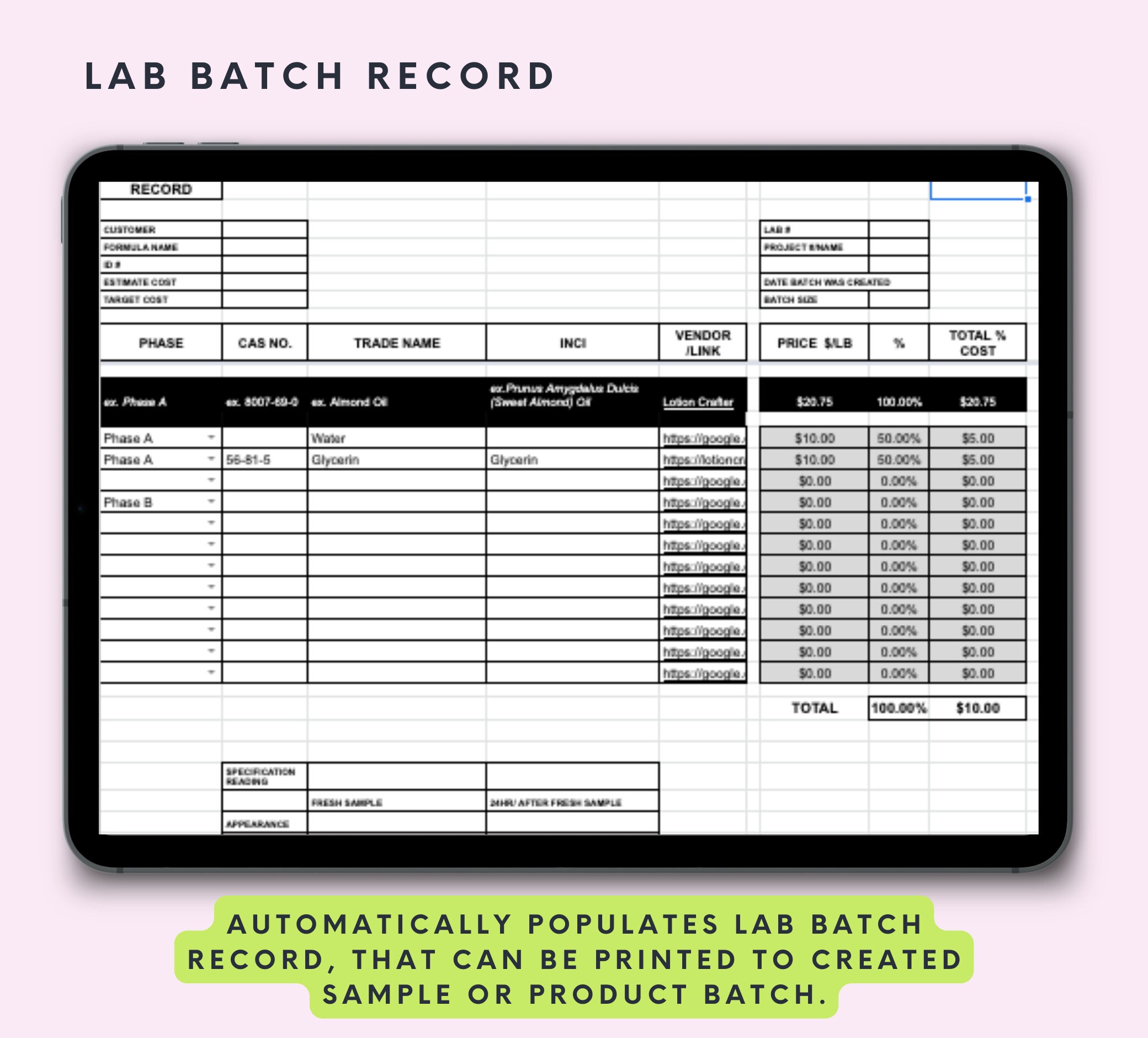Product Formulation Template Product Pricing Cost Analysis O/W Emulsion ...