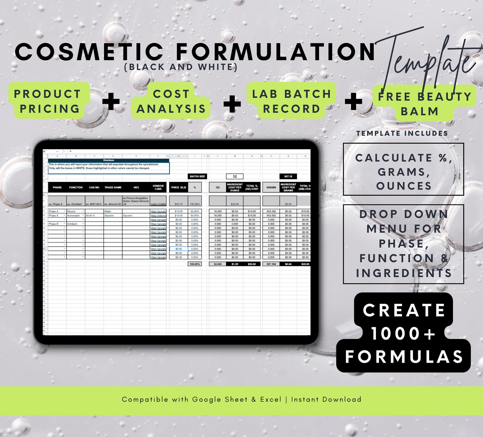 Product Formulation Template Product Pricing Cost Analysis O/W Emulsion ...