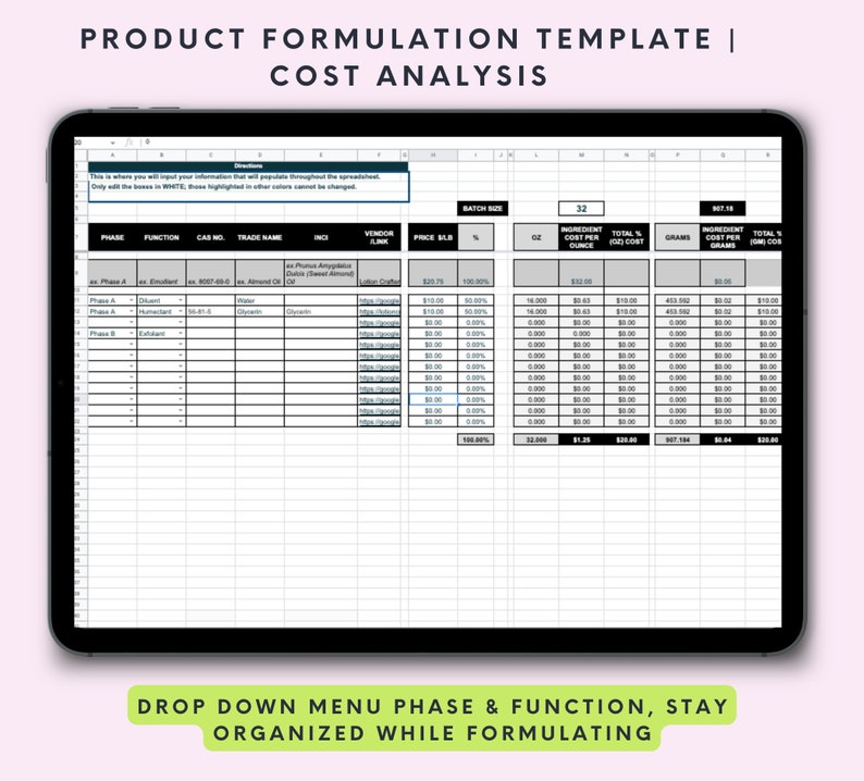 Product Formulation Template Product Pricing Cost Analysis O/W Emulsion ...