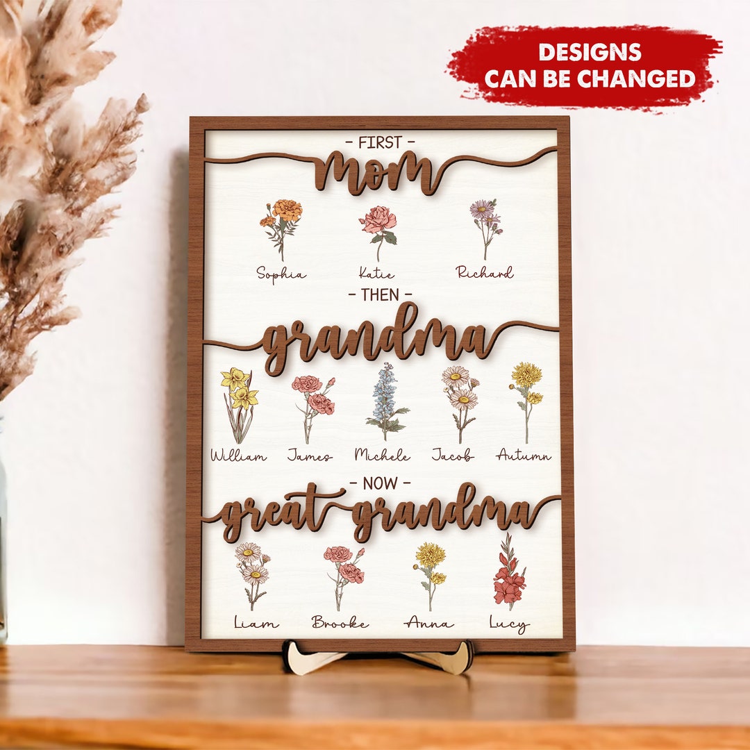Mom Grandma Great Grandma Wood Sign, Custom Birth Month Flower With ...