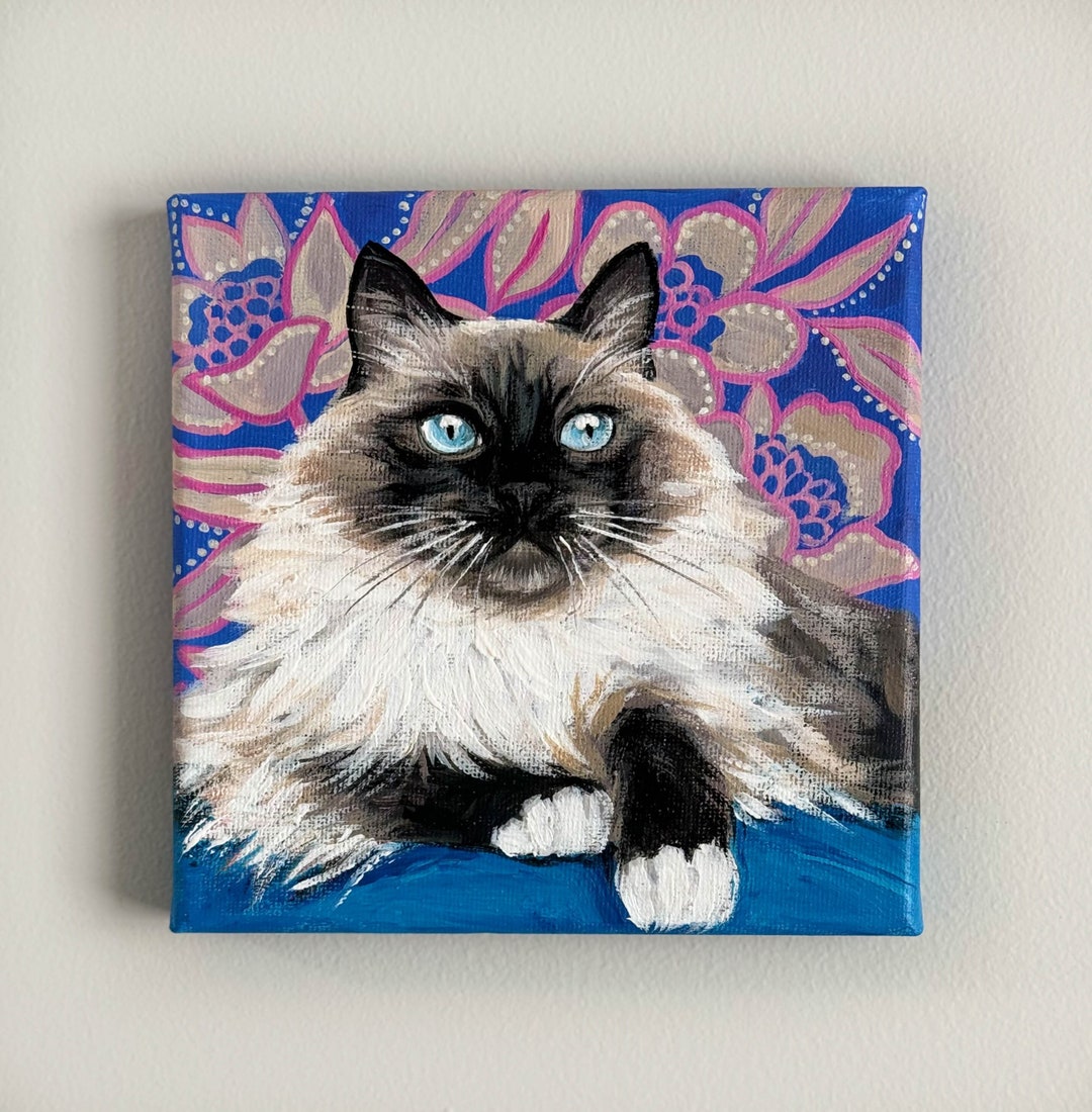 Vibrant Hand-painted Cat Portrait Ragdoll Cat Painting Feline Artwork ...