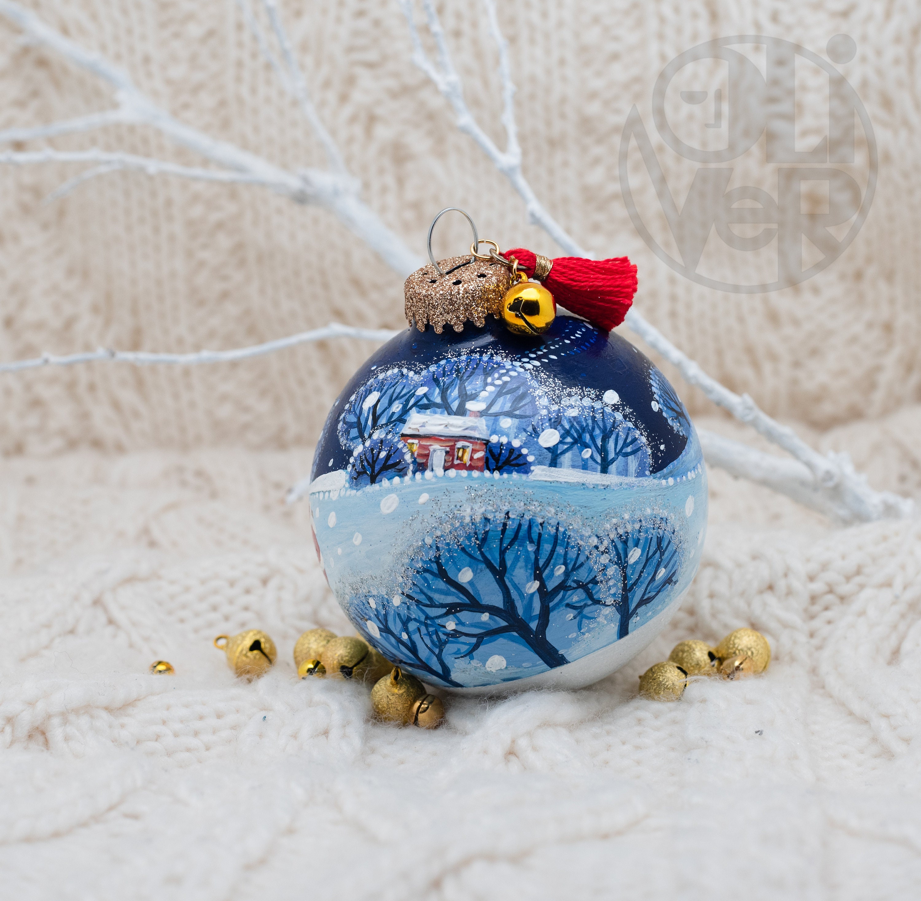 Hand Painted Winter Snow Scene Glass Premium Christmas Ornament Santa ...